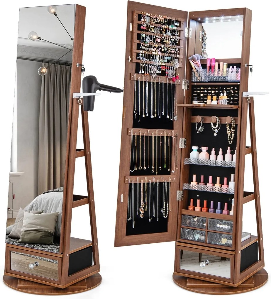 Costway Šperkovnice 360° otočná zrcadlová skříňka se zrcadlem po – 140 × 37 cm