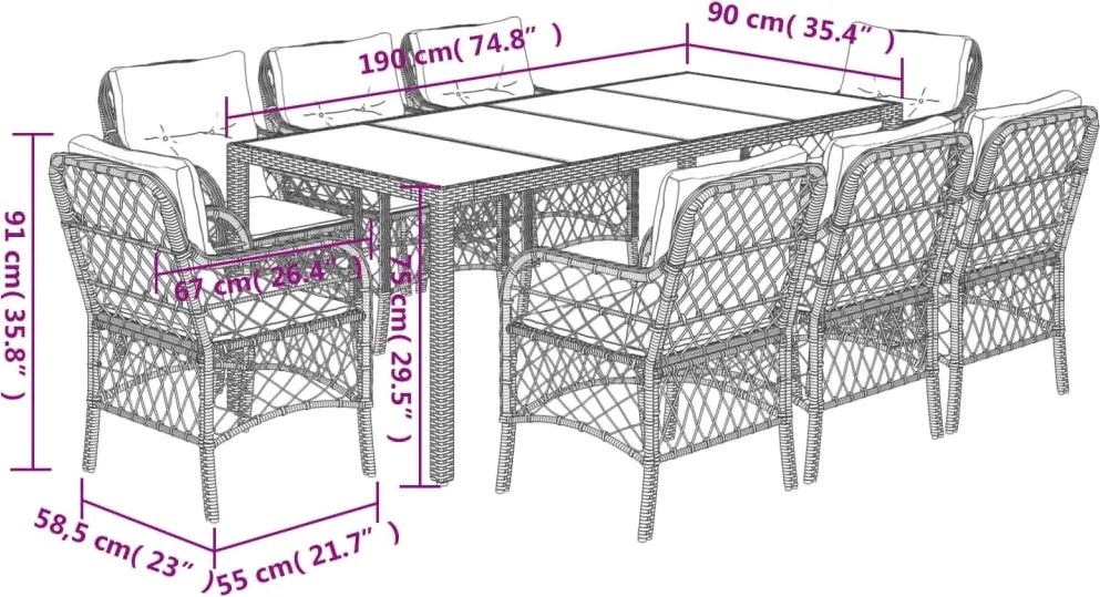 9dílný zahradní jídelní set s poduškami šedý polyratan 3212035