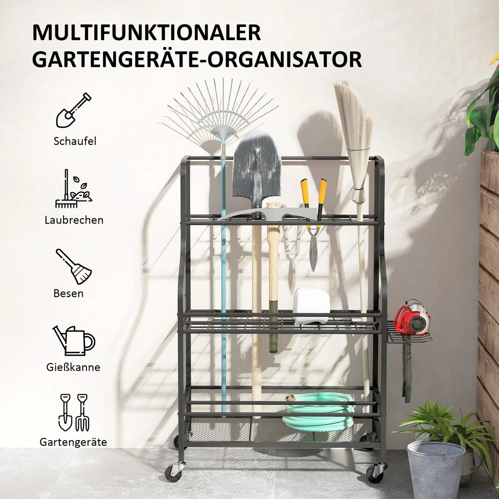 Organizér na zahradní nářadí 3-patrový stojan na zahradní nářadí s háky do 40 kg zátěže 77x40x97cm černý