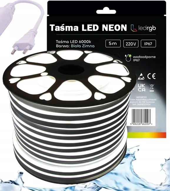 Set Led pásek Neon 220V 230V 15m 6000K Bílý Studený Napájecí Zdroj IP67 120/m