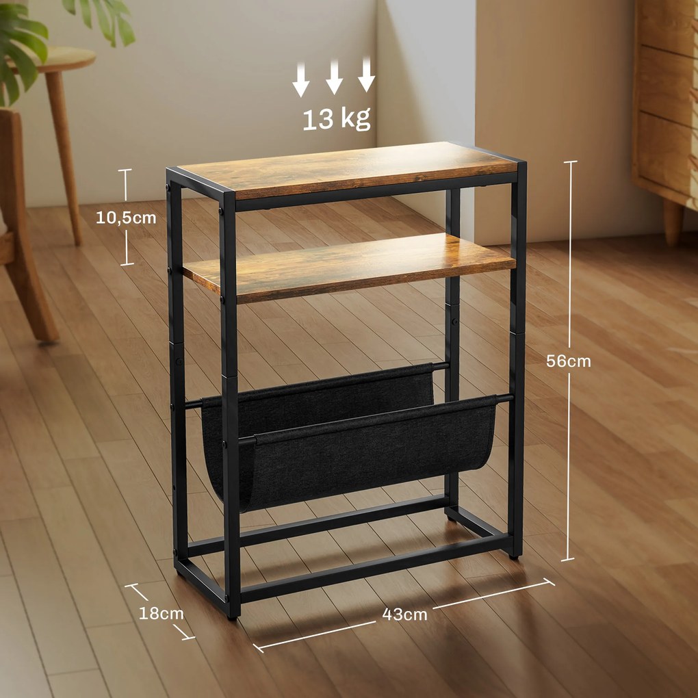 HOMCOM Koncový stolík s policí a stojanem na časopisy - Průmyslový design - 43D x 18Š x 56V cm Tmavě hnědý