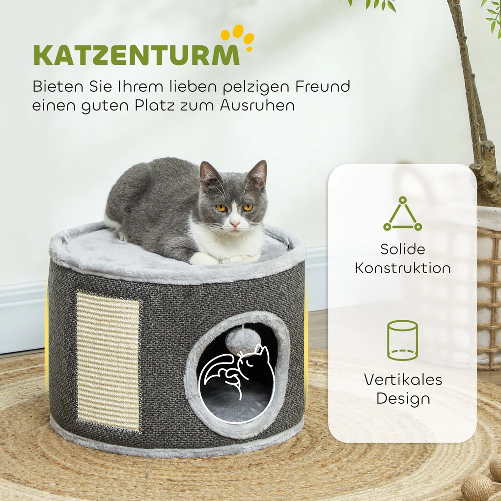 PawHut škrabadlo, 30 cm vysoké škrabadlo pro kočky s jeskyní, škrabadlo, věž pro kočky ze sisalu, pro kočky do 5 kg, tmavě šedá barva