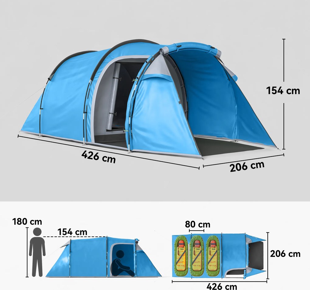 Outsunny tunelový stan pro 2-3 osoby 190T kempinkový stan s kolíky, sklolaminát a polyester, světle modrý, 426x206x154cm| Aosom