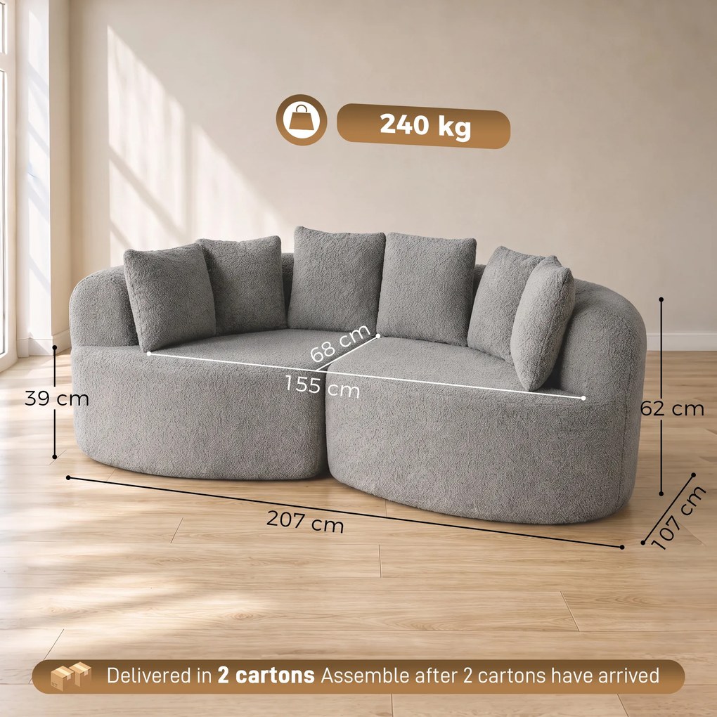 HOMCOM 3místná pohovka bez rámu s hlubokým sedákem, 6 polštářů, zakřivený design, chenille, světle šedá