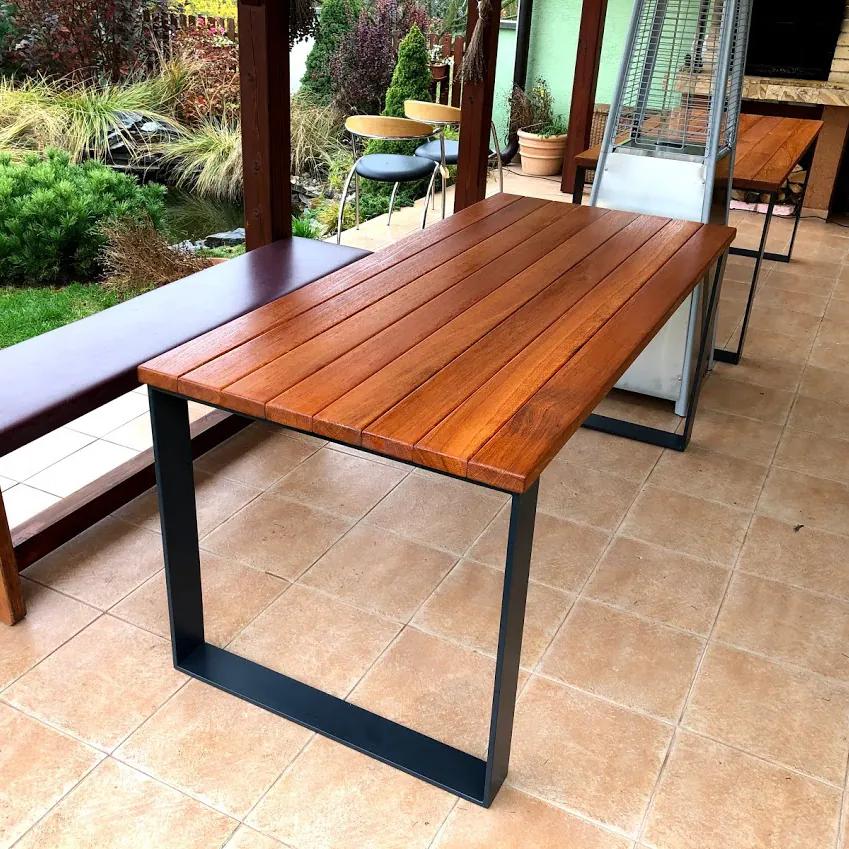 KULHÁNEK Zahradní stůl s nohami z ploché oceli Odstín nátěru: lazura - dub, Velikost desky: 230x90 cm, Odstín podnože: bílá - RAL 9010
