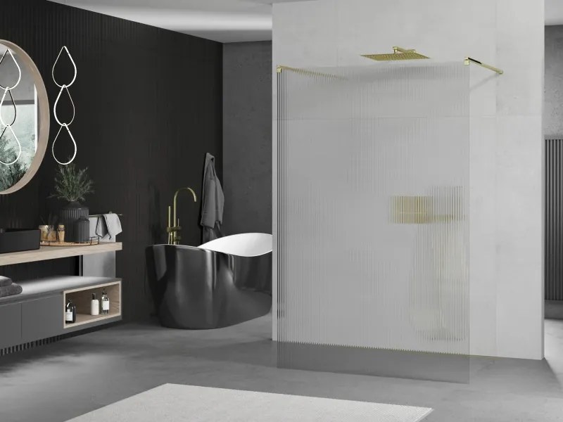 Mexen Kioto, sprchová zástěna Walk-In 100 x 200 cm, 8mm sklo s žebrovým vzorem, zlatý profil, 800-100-002-50-09