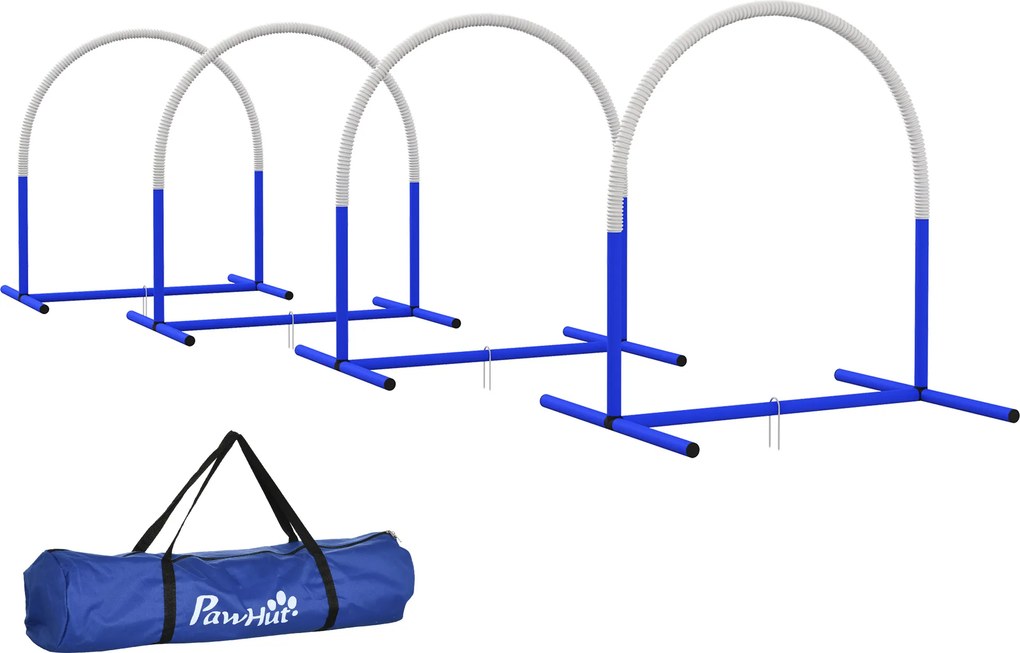 PawHut 4-dílný agility set pro psy, 88 x 64 x 95 cm, se 4 oblouky, přenosná taška, pro starší nebo velmi mladé psy, PE, ABS, bílá