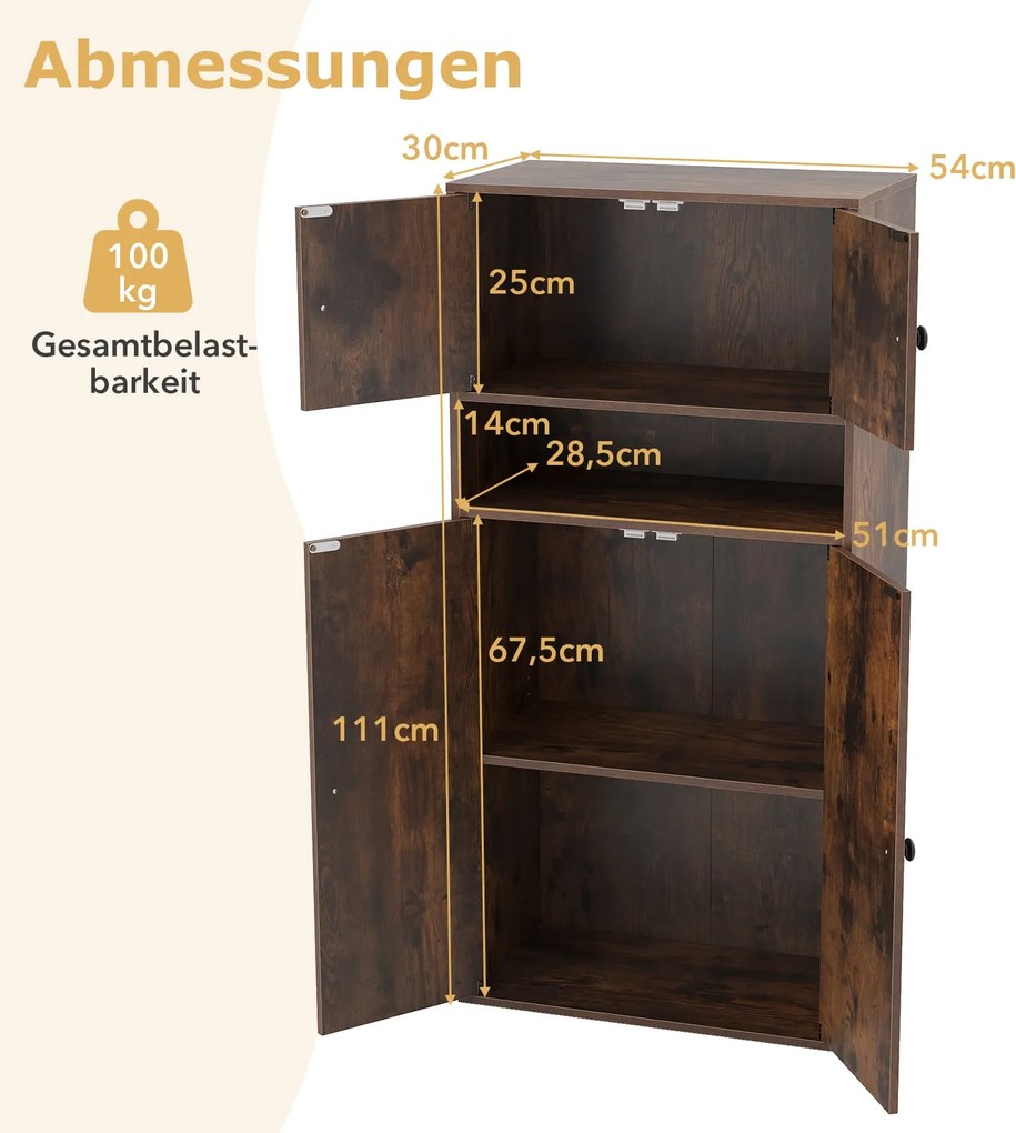 Costway 111 cm vysoká knihovna s 4 dvířky 4 Řadový úložný organizér