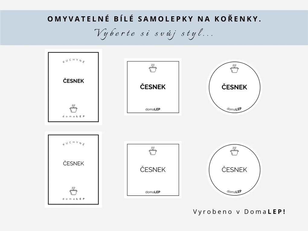 ČESNEK - omyvatelná samolepka na kořenky, výběr rozměrů Ø 5 cm / 5 x 5 cm / 6 x 8 cm | DomaLEP tvar: KOLEČKO, barva: BÍLÁ - ČERNÉ písmo, velikost: Ø 5 cm - základní písmo