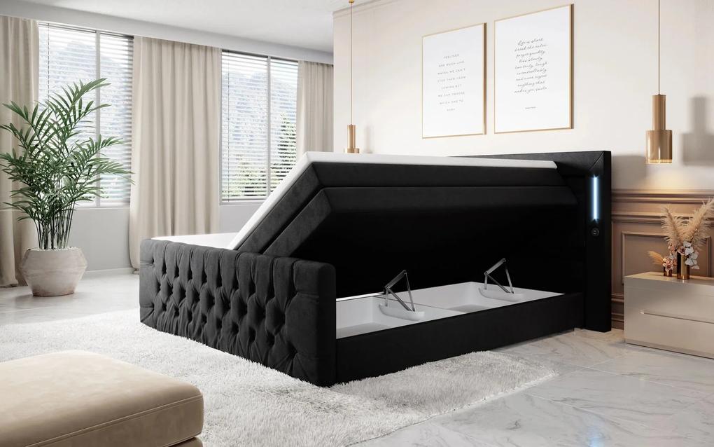 K&M postele Boxspring postel QUEEN s úložným prostorem, LED a USB Velikost postele: 140 × 200 cm, Výběr matrace: Oboustranná pružinová matrace - stře…