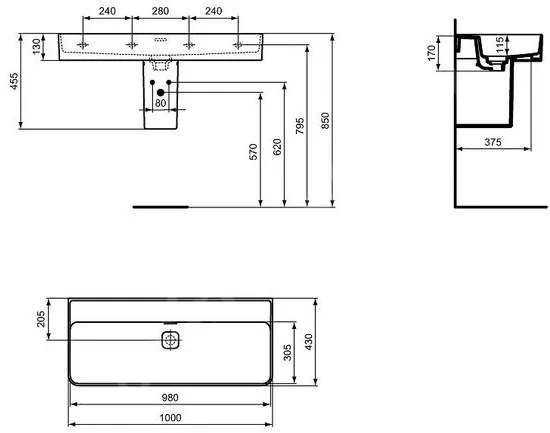 Ideal Standard Strada II Umyvadlo 100 cm, bez otvoru pro baterii T364001