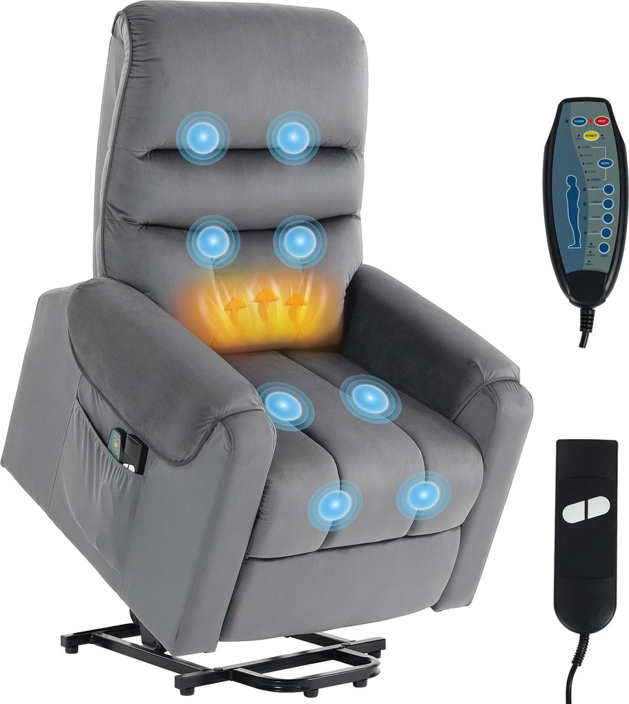 HOMCOM Elektrické křeslo ke vstávání s vibrační masáží a teplem, elektrické relaxační křeslo z veluru, tmavě šedá