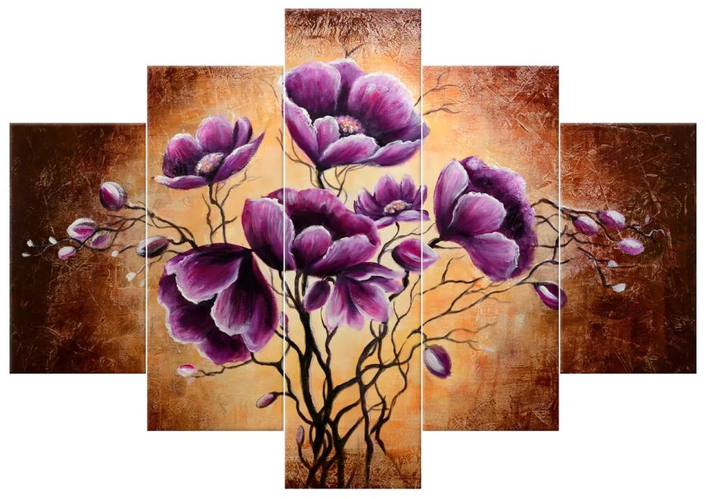 Gario Ručně malovaný obraz Rostoucí fialové květy - 5 dílný Rozměry: 150 x 105 cm