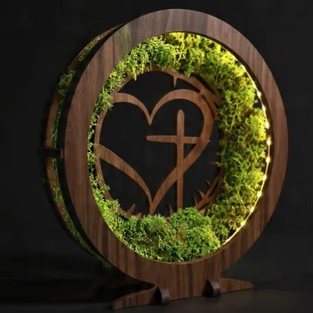 Dřevěná LED lampa s mechem - Srdce a Kříž I SENTOP LED0582-ORECH-WENGE