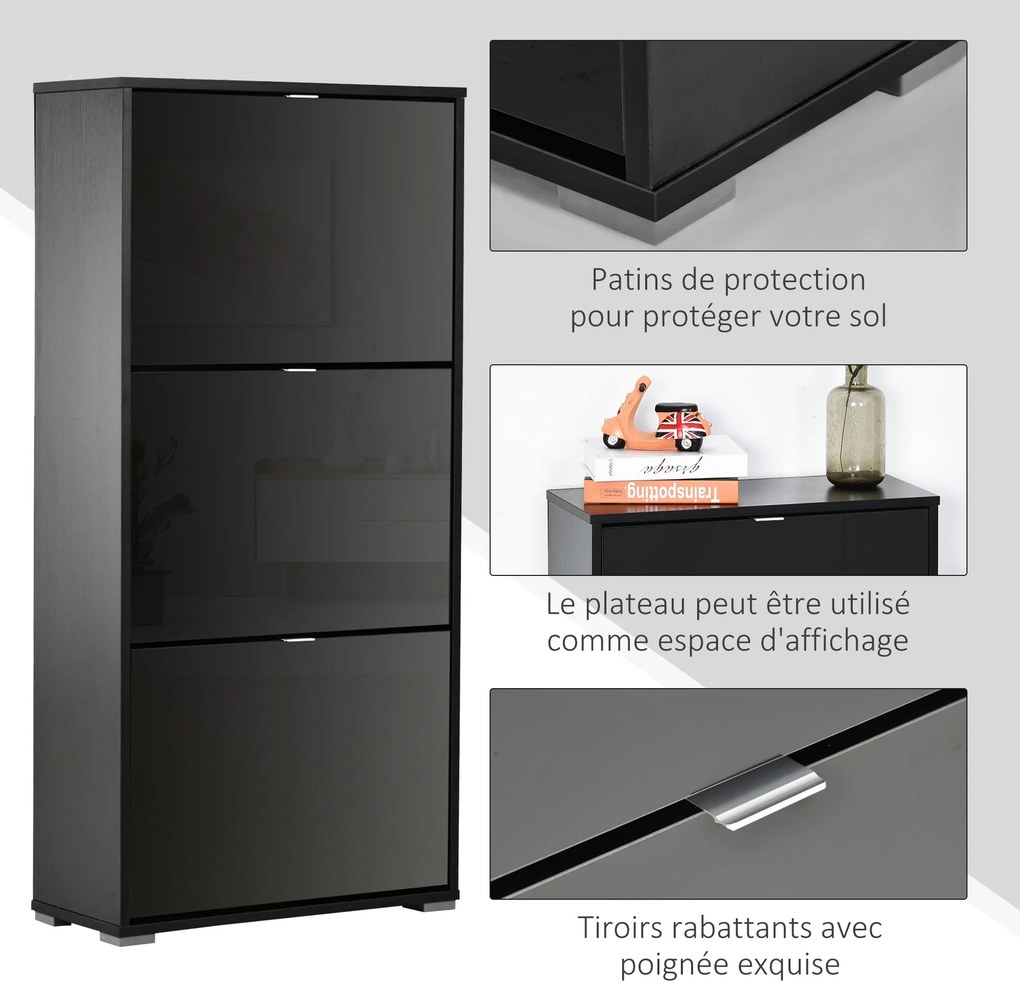 HOMCOM Skříň na boty, botníková police se 3 skládacími dveřmi, 3 přihrádky, dřevěná, 60Š x 26H x 124V cm, lesklá černá