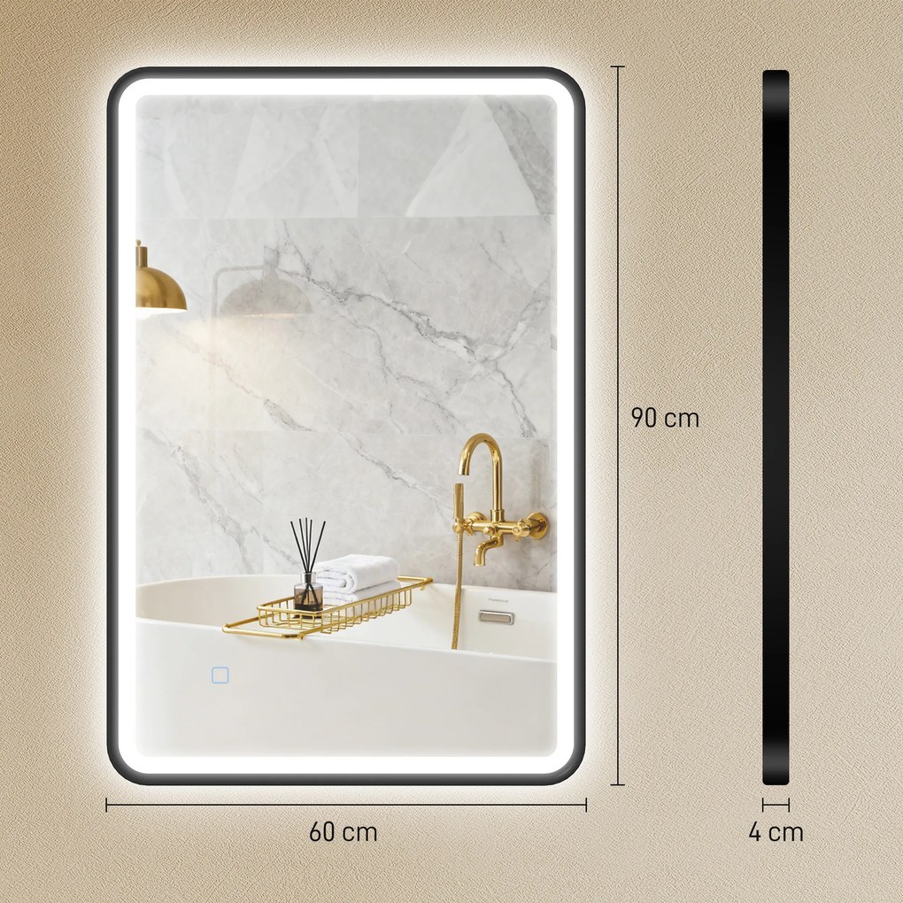 HOMCOM 90 x 60 cm LED koupelnové zrcadlo, světla, 3 barvy, stmívatelné, paměťová funkce, horizontálně a vertikálně, černé