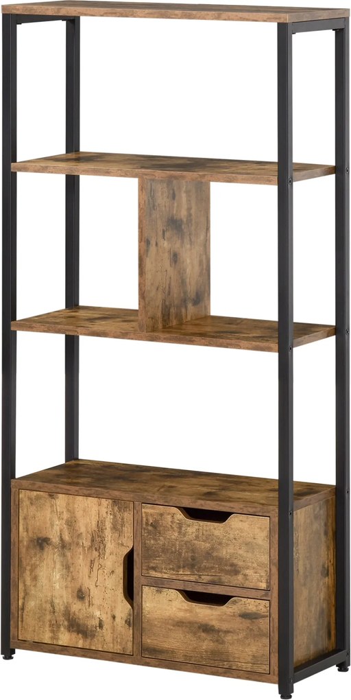 HOMCOM Knihařský regál s kabinetem a 2 úložnými šuplíky, průmyslový styl, 58x24x122 cm, rustikální hnědá