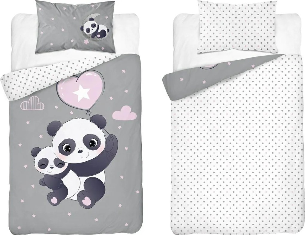 Detexpol Bambusové dětské ložní prádlo 90x120 šedé s růžovými akcenty a pandami – 4790 A – Baby Bamboo