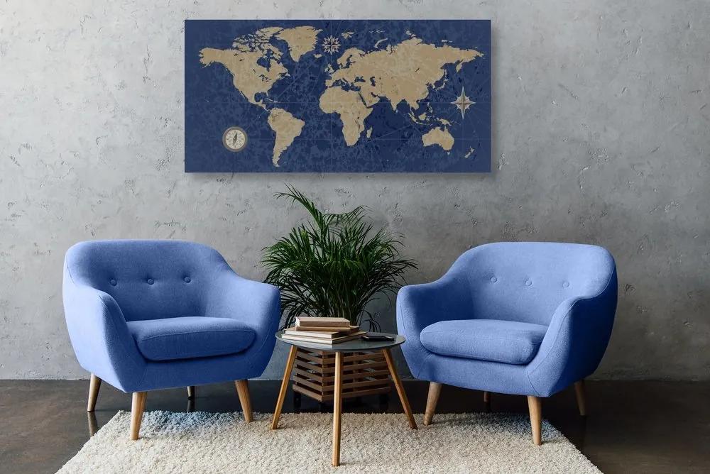 Obraz mapa světa s kompasem v retro stylu na modrém pozadí - 100x50 cm