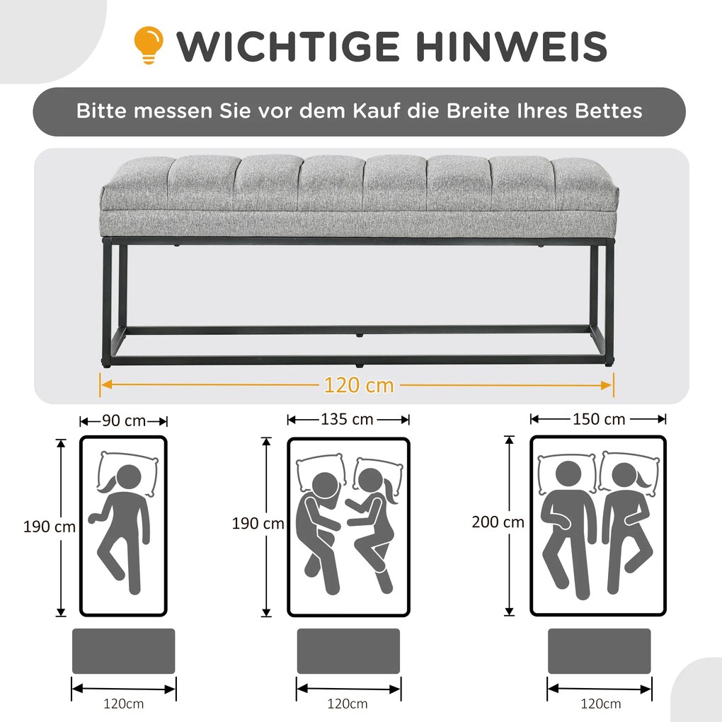 HOMCOM Lněná lavice Čalouněná lavice do ložnice Postelová lavice Kosmetická lavice do 200 kg Ocel světle šedá 120x44x45,5 cm
