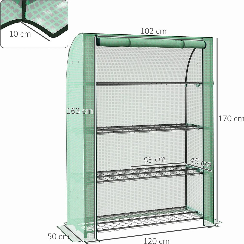 Skleníček Outsunny PE se 4 úrovněmi polic, balkonový skleník, zpevněný potah 135 g/m², ocelová konstrukce, rolovací zipový vstup, pro pěstování zelen…
