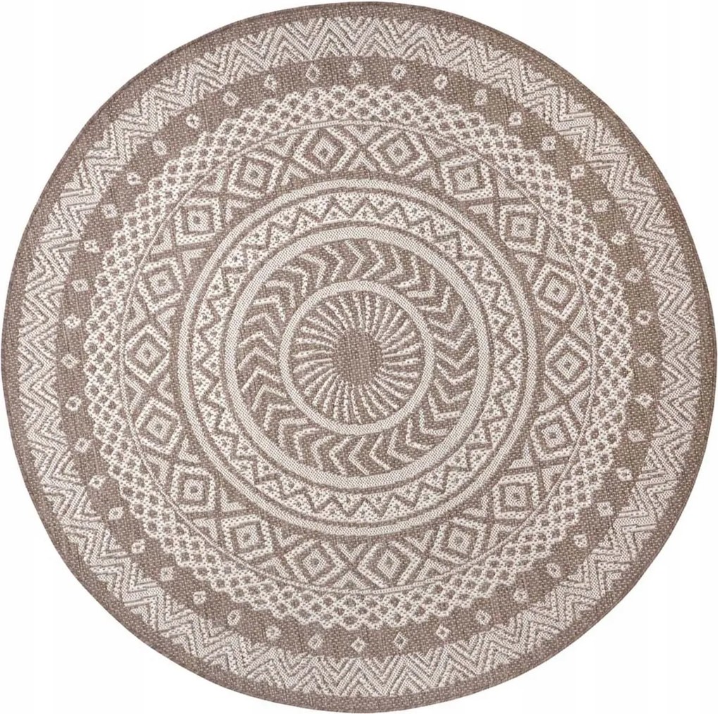 Koberec hnědo krémový kulatý plochý, Mandala 160 cm