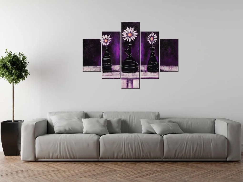 Gario Ručně malovaný obraz Kopretinové fialové trio - 5 dílný Rozměry: 150 x 105 cm