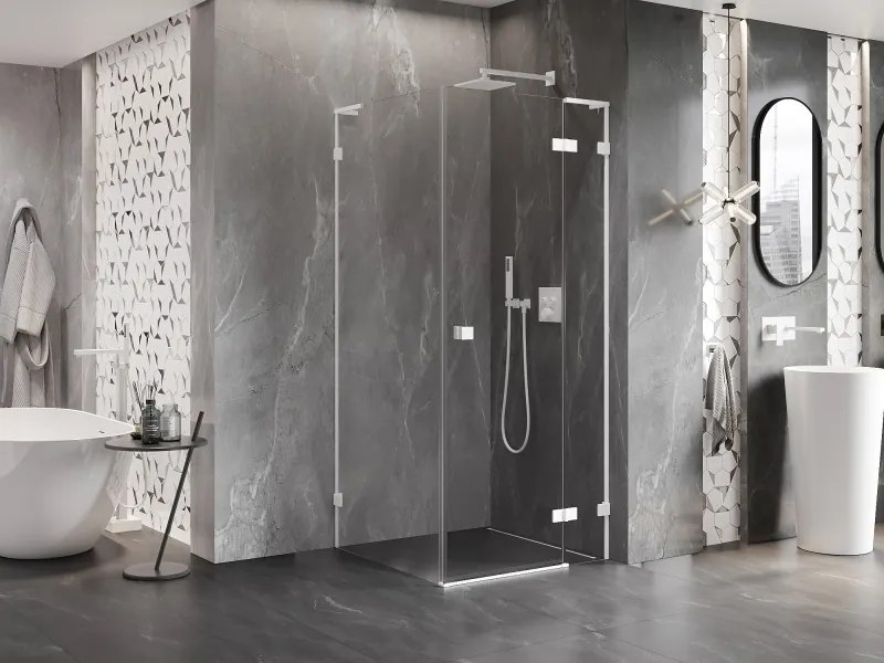 Mexen Lunar, L pravý výklopný sprchový kout 80 x 80 cm, 8mm čiré sklo, bílý profil, 834L-080-080-20-00-P
