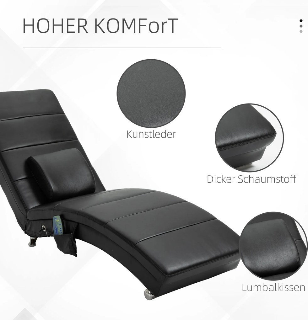 HOMCOM Relaxační lehátko kožené s masážní funkcí, 58 x 163 x 87 cm, do 120 kg, 8 masážních bodů, s dálkovým ovládáním, vysoký opěrný polštář, černá |…