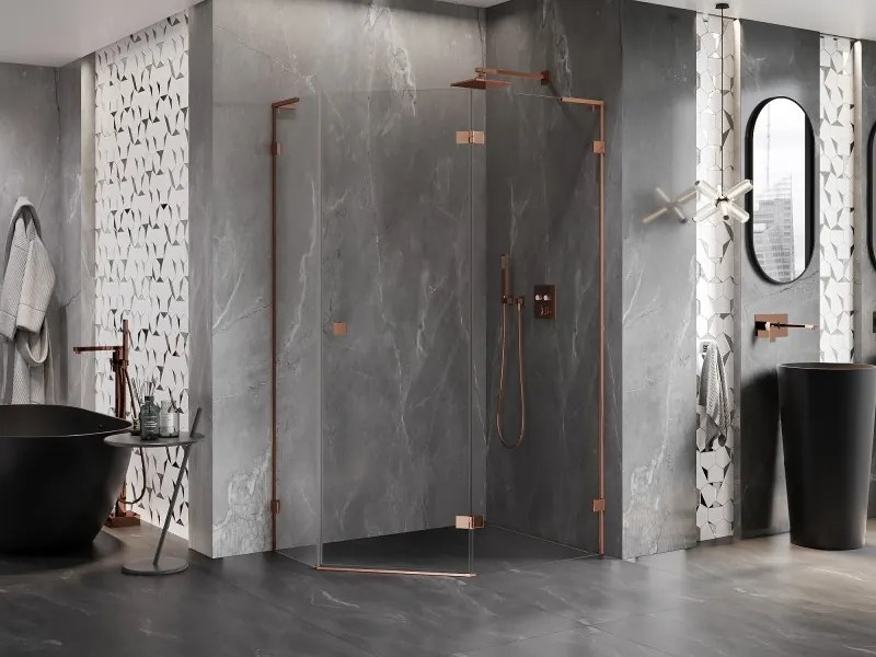 Mexen Lunar, L pravý výklopný pětiúhelníkový sprchový kout 100 x 80 cm, 8mm čiré sklo, profil růžové zlato, 831L-100P-080L-60-00-P