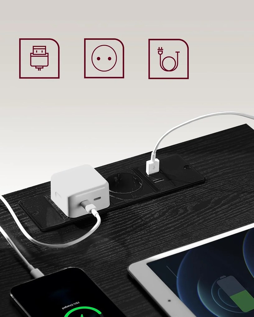 Noční stolek, 2 kusy v sadě, se 2 zásuvkami a 2 USB porty, černý