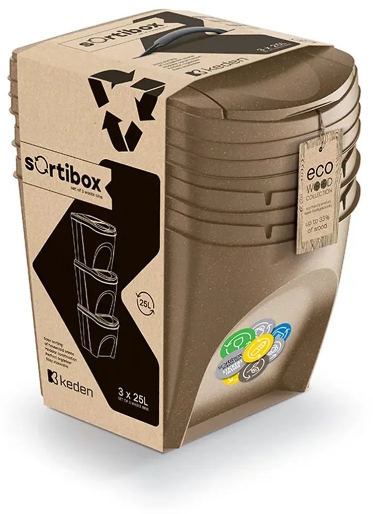 Odpadkové koše na tříděný odpad, sada 3ks x 25l SORTBOX - ECO WOOD
