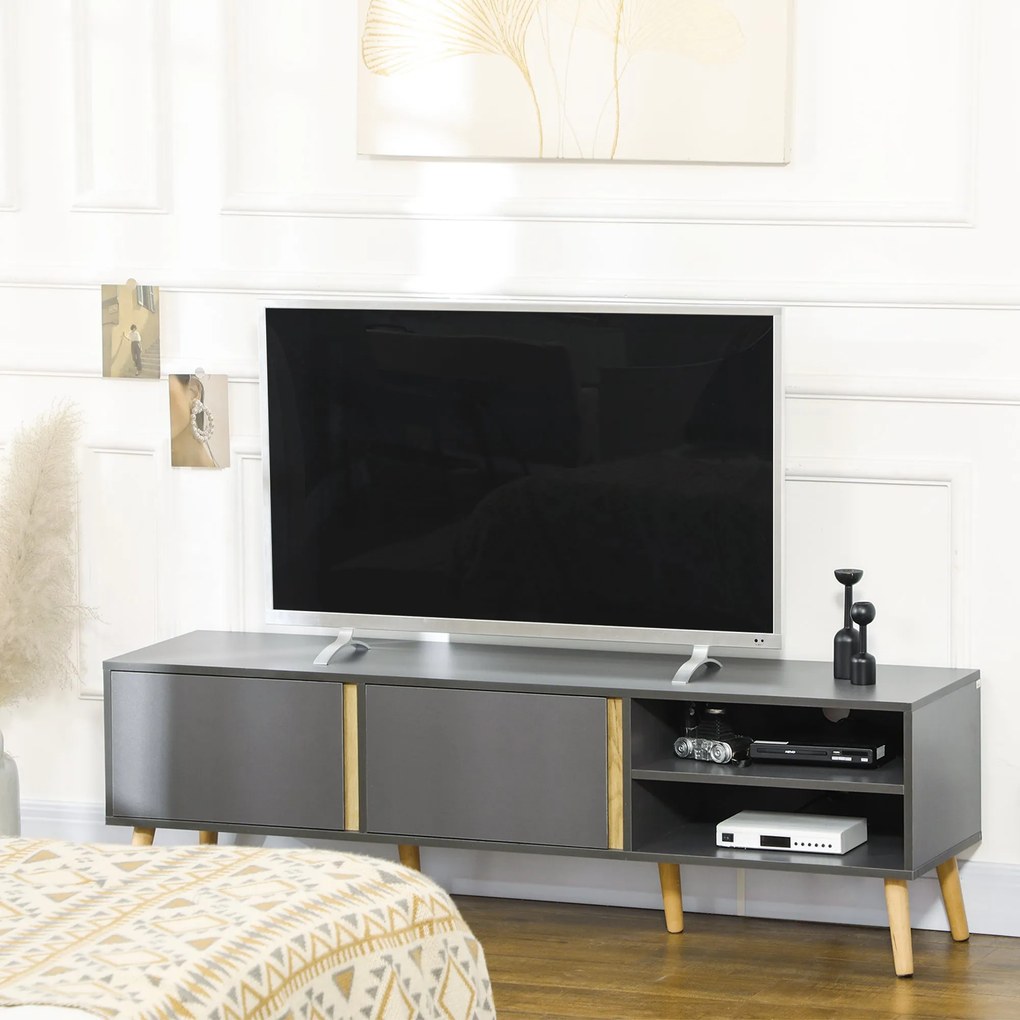 HOMCOM TV Stánek pro televizory do 55 palců, skandinávský design, 2 dveře, 2 police s vedením kabelů, 150 x 35 x 45 cm, tmavě šedá