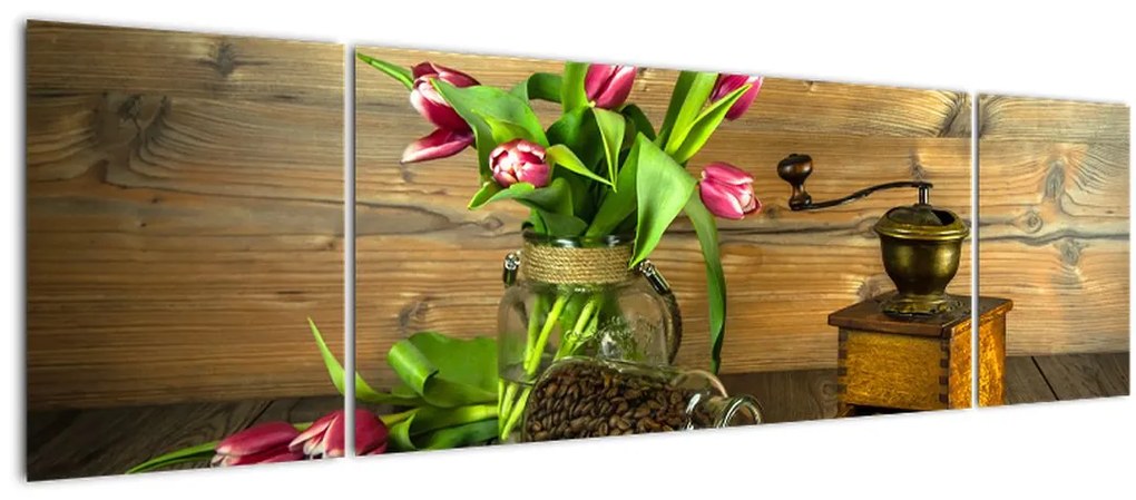 Obraz - tulipány, mlýnek a káva (170x50 cm)