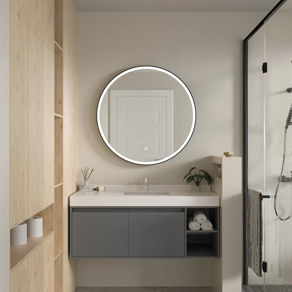 Erga Olivia, kulaté LED zrcadlo 90cm, černý kovový rám, 2070 lm, 6500K, ERG-V01-202-9090-BK