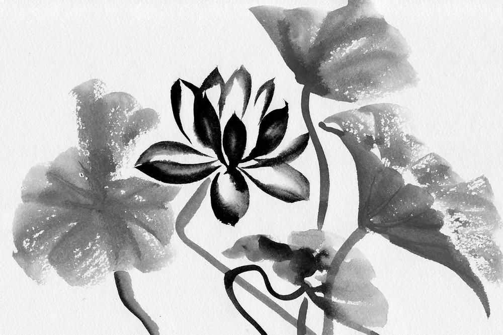 Samolepící tapeta akvarelový černobílý lotosový květ - 375x250 cm