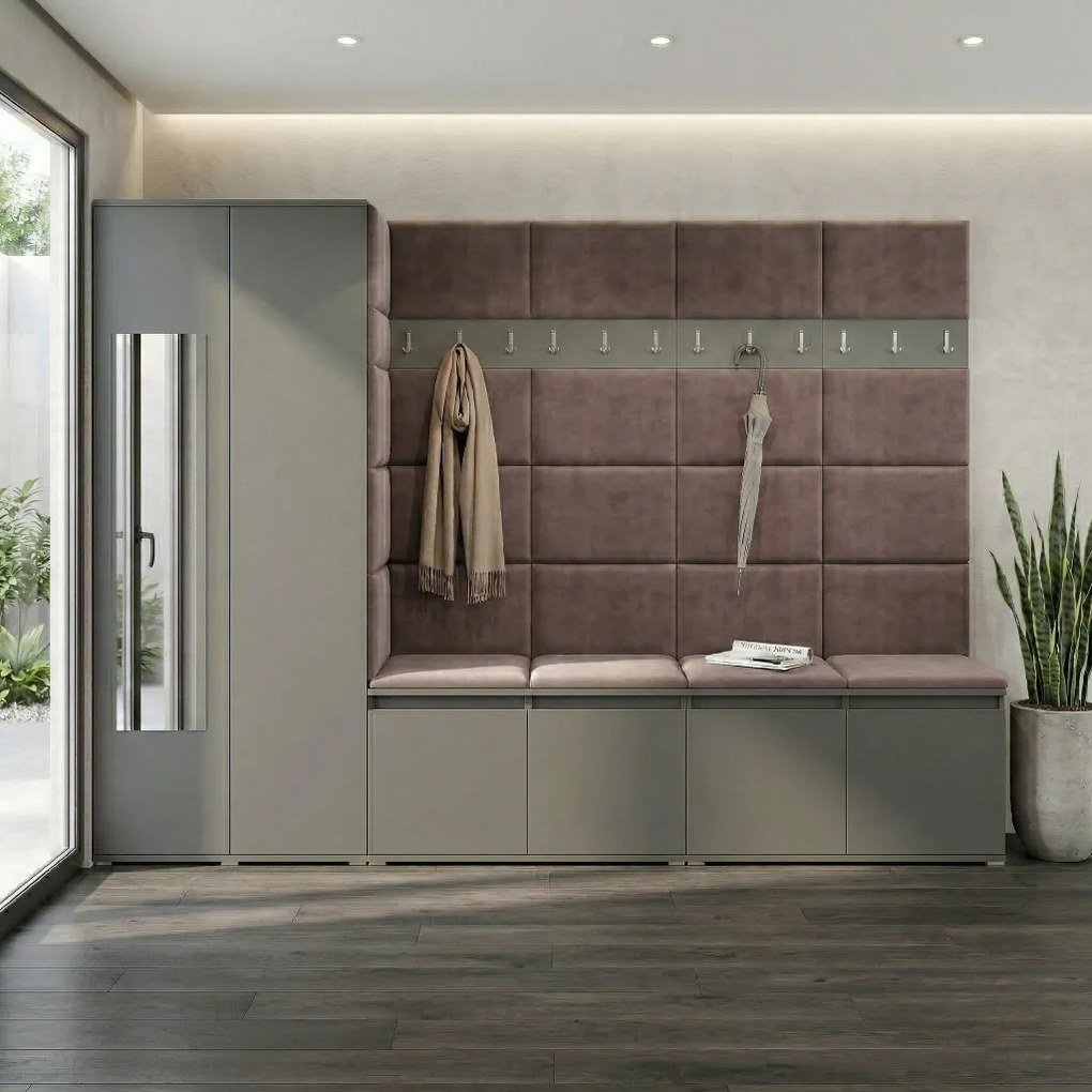 Předsíňová stěna Trinity 9 s čalouněnými panely, 290 cm, grafit/ světle hnědá