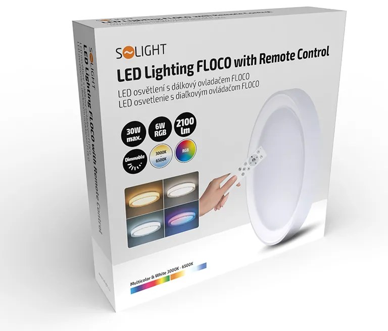 Solight LED osvětlení s dálkovým ovladačem Floco, 30W + 6W RGB, 2100lm, 40cm, změna chromatičnosti, stmívatelné