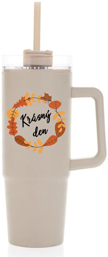 KRÁSNÝ DEN (PODZIM) - béžový cestovní termohrnek s průhledným víčkem 900 ml