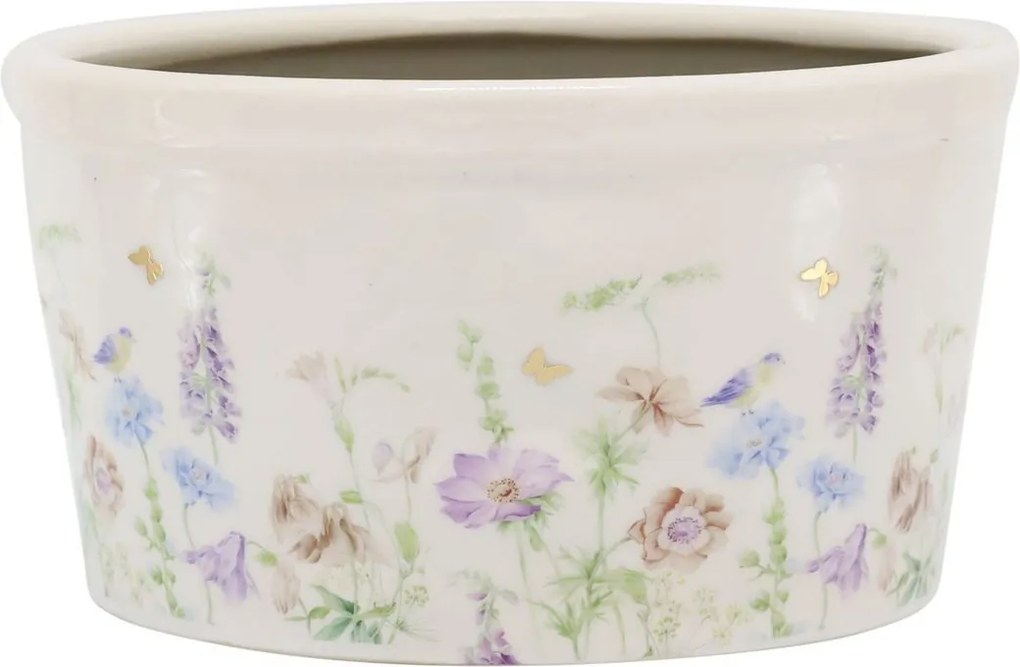 Krémový antik keramický kvetináč s květy Papillon Blossom - Ø 16*9 cm