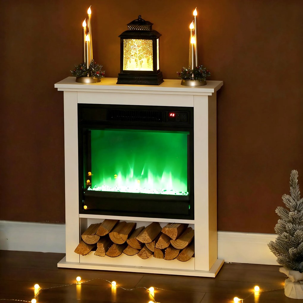HOMCOM Elektrický krb, realistické plameny se 9 barvami, nastavitelná jasnost, 1800W, dálkové ovládání, časovač, bílá