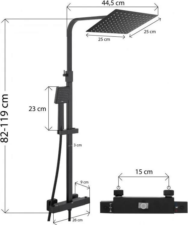 Erga Goba, sprchová souprava s termostatickou baterií a dešťovou hlavicí 25x25cm, černá matná, ERG-YKA-BP.GOBA-THERM-25-BLK