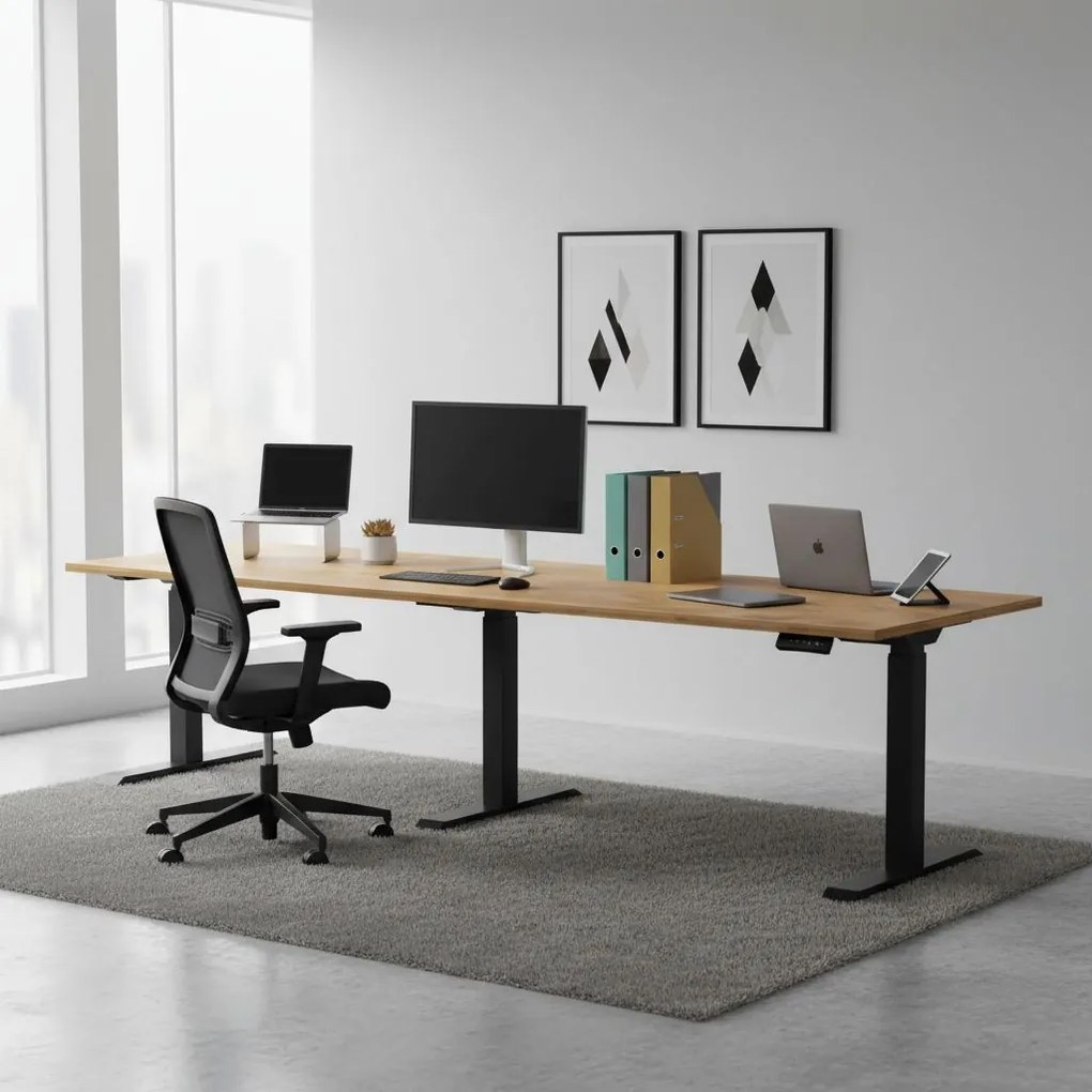 Výškově nastavitelný stůl OfficeTech Long, 260 x 80 cm, černá podnož, dub zlatý