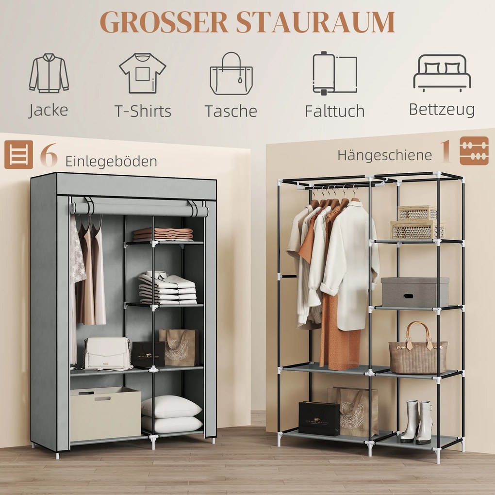 HOMCOM Šatní skříň Látková šatní skříň, 6 přihrádek, šedá, 103x43x162.5cm, Skládací šatní skříň ve fleecovém vzhledu