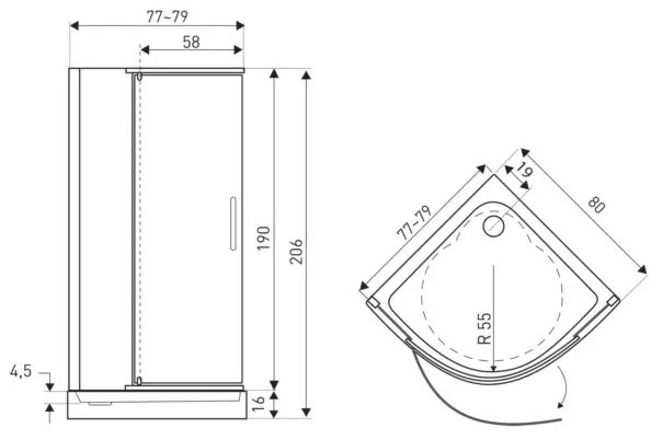 Novoterm Čtvrtkruhový sprchový kout NV-Splash 80x80 chrom/transparent + vanička