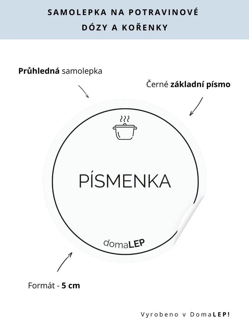 PÍSMENKA – průhledná samolepka na dózu, základní písmo, 5 cm | DomaLEP
