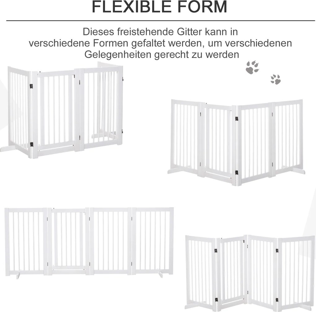 4dílná zábrana pro psy, 204 x 75 cm Skládací bezpečnostní branka s dvířky, volně stojící branka pro psy se 2 podpěrnými nohami, dřevěná schodišťová b…