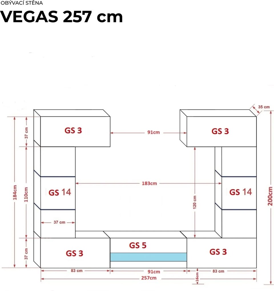 Ral Obývací stěna VEGAS 1, 257 cm - Bílý lesk