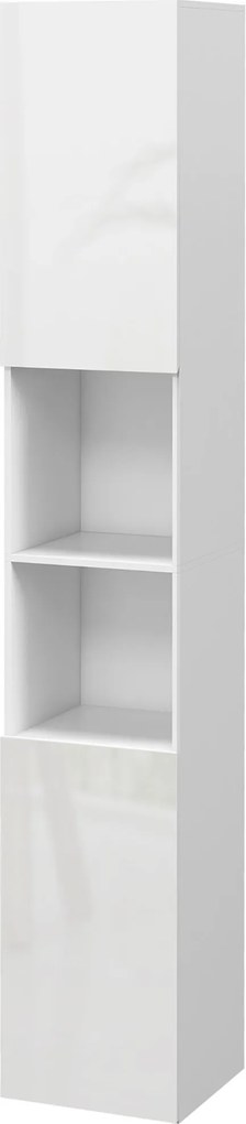 Vysoký koupelnový skříň Kleankin, lesklý povrch, nastavitelné police, 2 skříňky a 2 niky, koupelnová úložná police, 30 x 181,5 cm, bílá