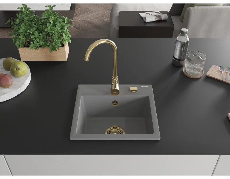 Mexen Milo, granitový dřez 435x410x171 mm, 1-komorový, šedá se zlatým sifonem, 6505441000-71-G